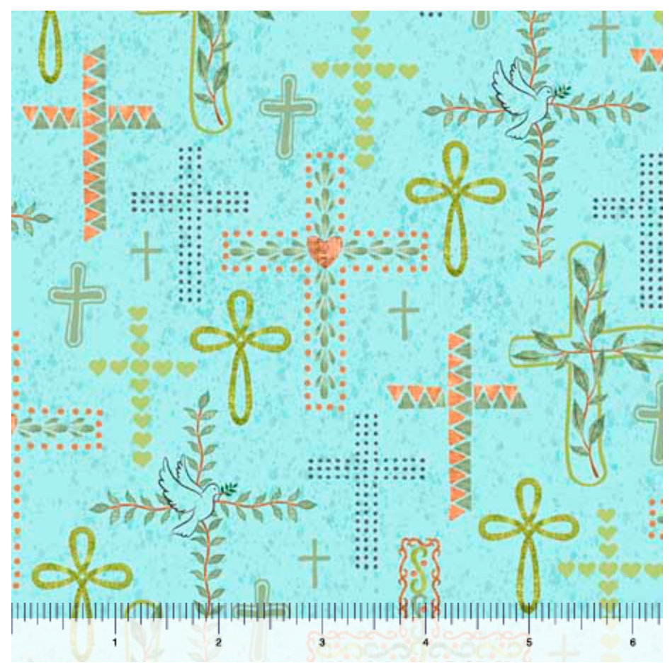 Rejoice Crosses Aqua Cotton Fabric Heavenly Fabric Shop