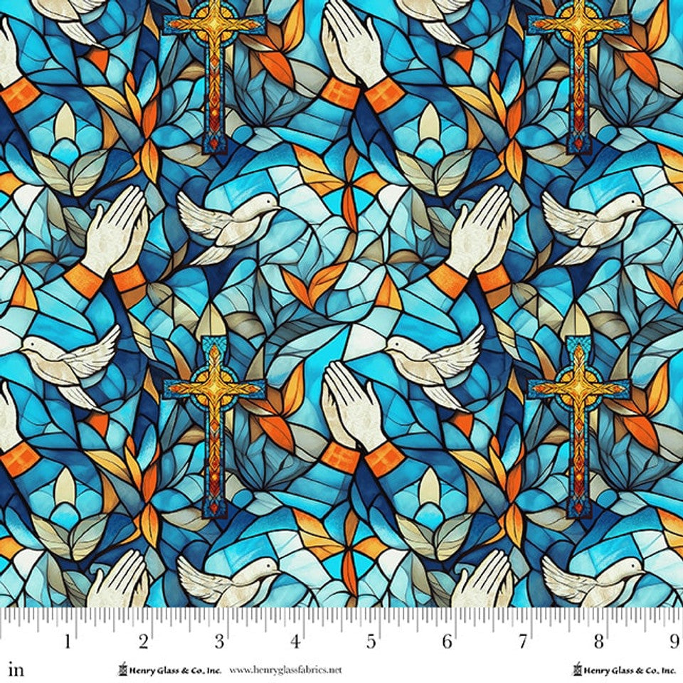 Faith In Full Color Turquoise Multi Praying Hands Stained Glass Cotton ...