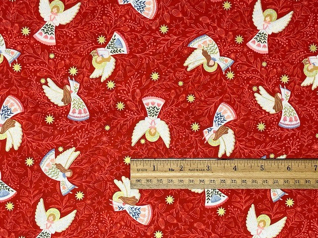 Peace and Joy Host of Angels Red Metallic Cotton Fabric – Heavenly ...