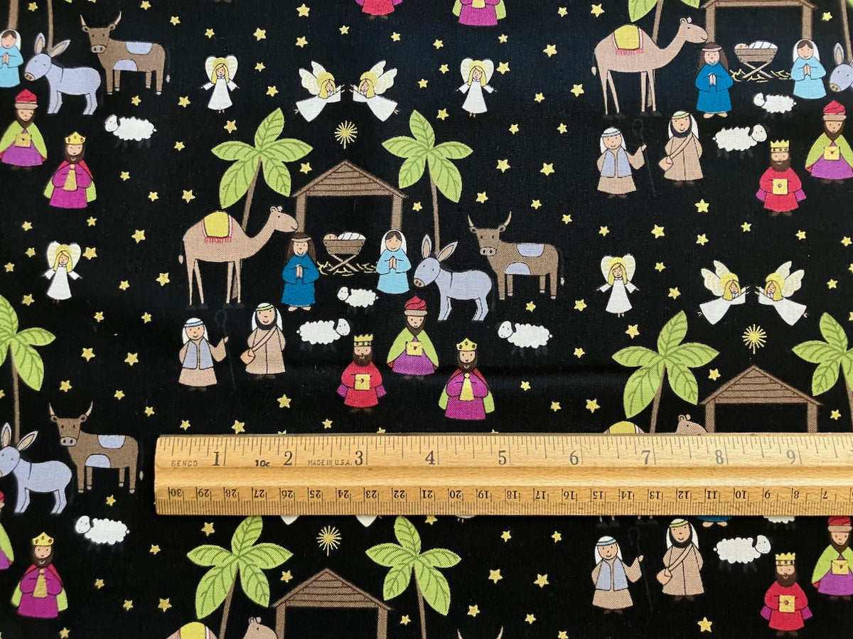 Away In A Manger Nativity Scene on Black with Gold Metallic Cotton Fab ...