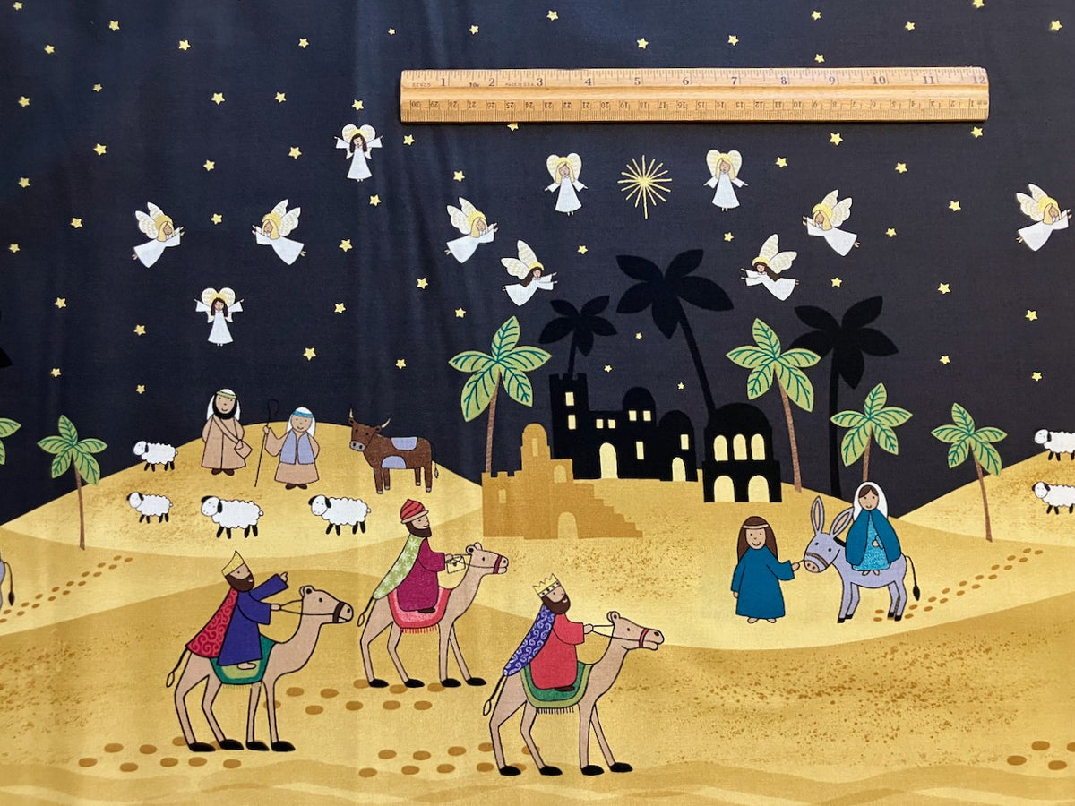 Away In A Manger Double Edge Border with Gold Metallic Cotton Fabric ...